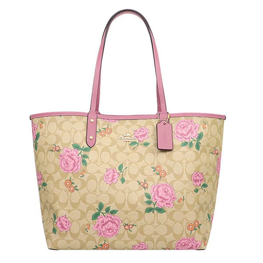 Túi Xách Coach Reversible City Tote In Signature With Prairie Rose Print Hai Mặt Màu Nâu-Hồng